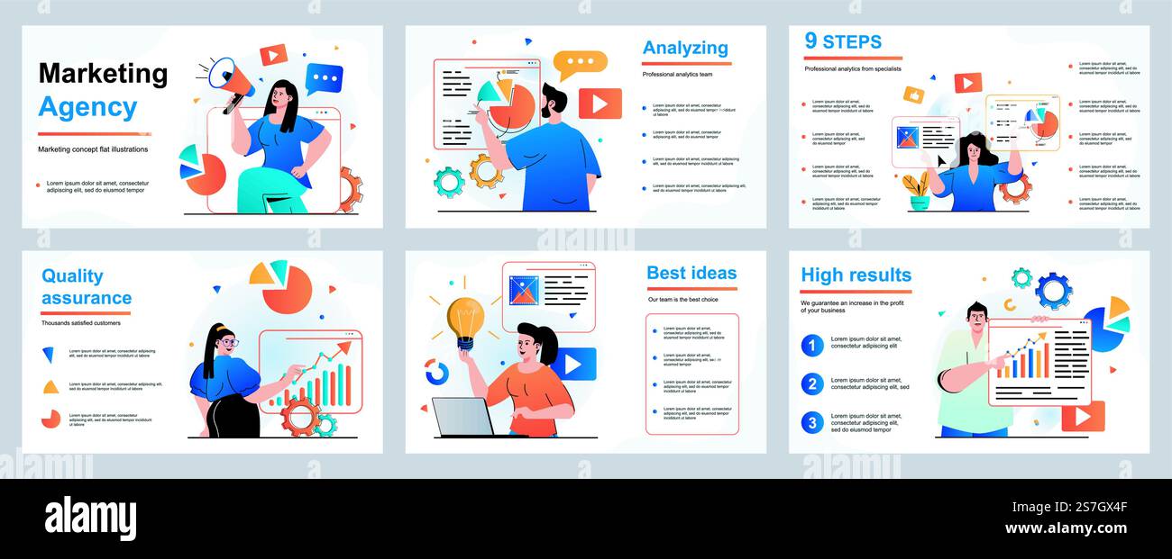 Marketing concept for presentation slide template. Marketers and analysts work at agency, make ...