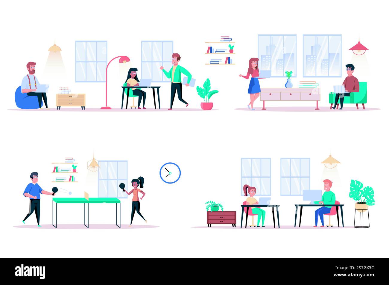 Coworking center isolated elements set. Bundle of colleagues work together, meetings, complete ...