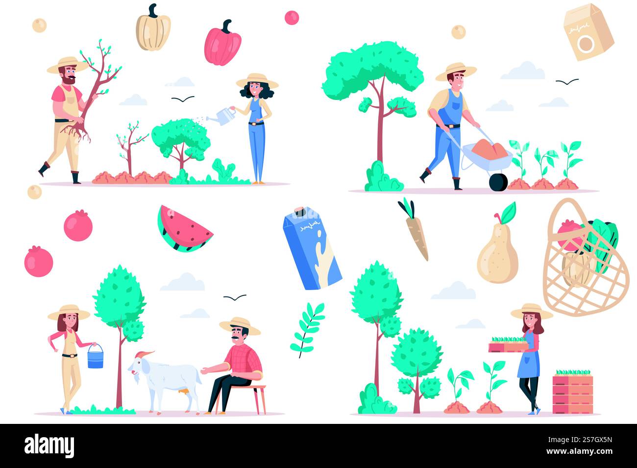 Farming and gardening isolated elements set. Bundle of people plant ...