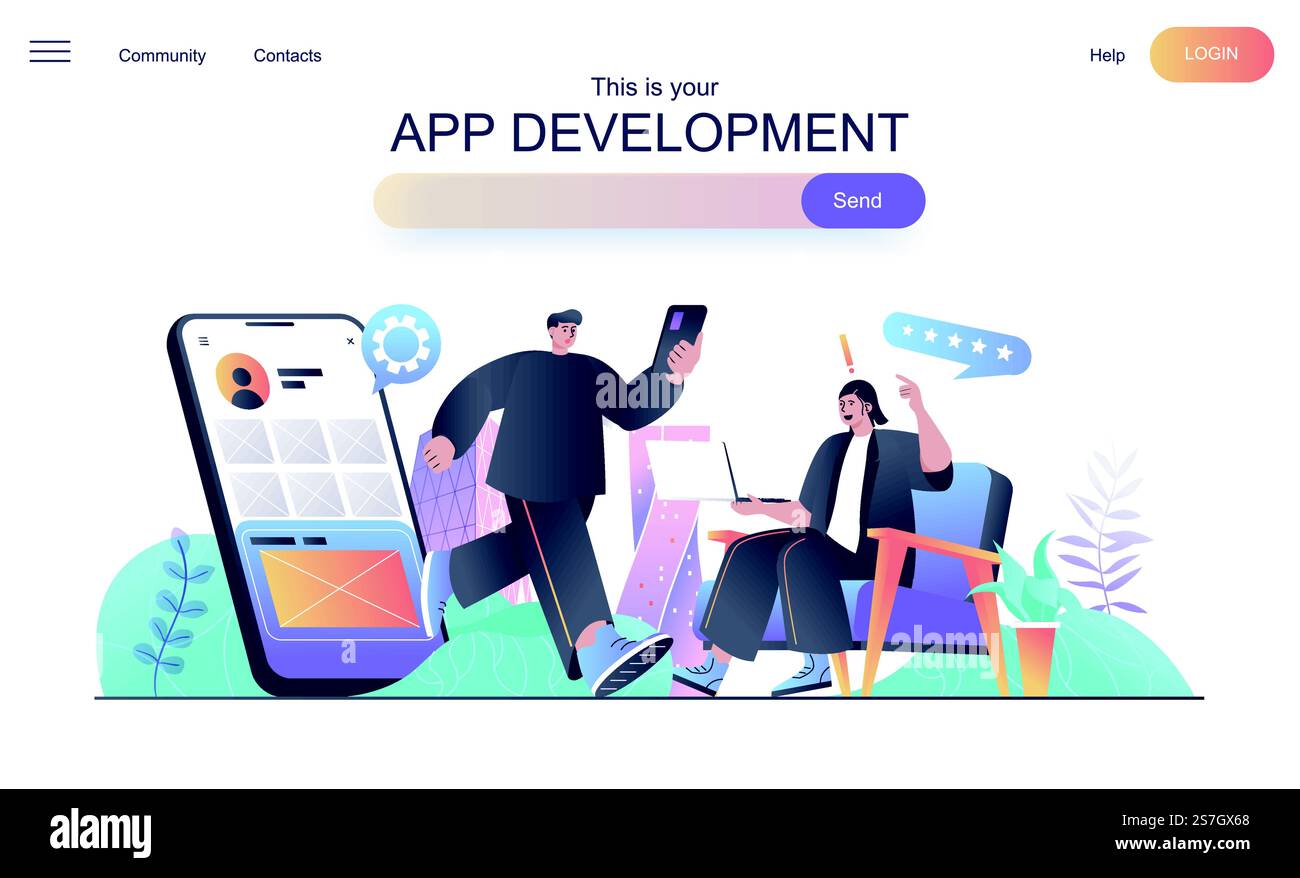 App development web concept for landing page. Developers create application mobile phone, create ...