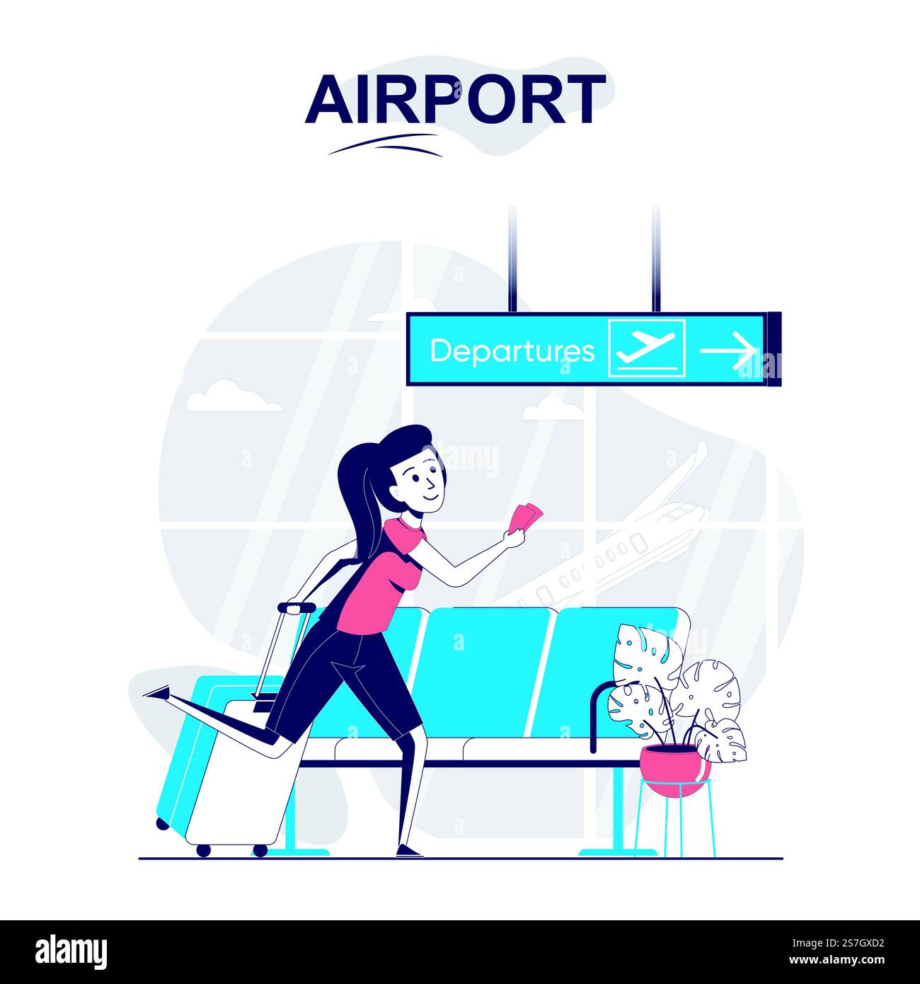 Airport isolated cartoon concept. Woman with luggage hurries to board ...