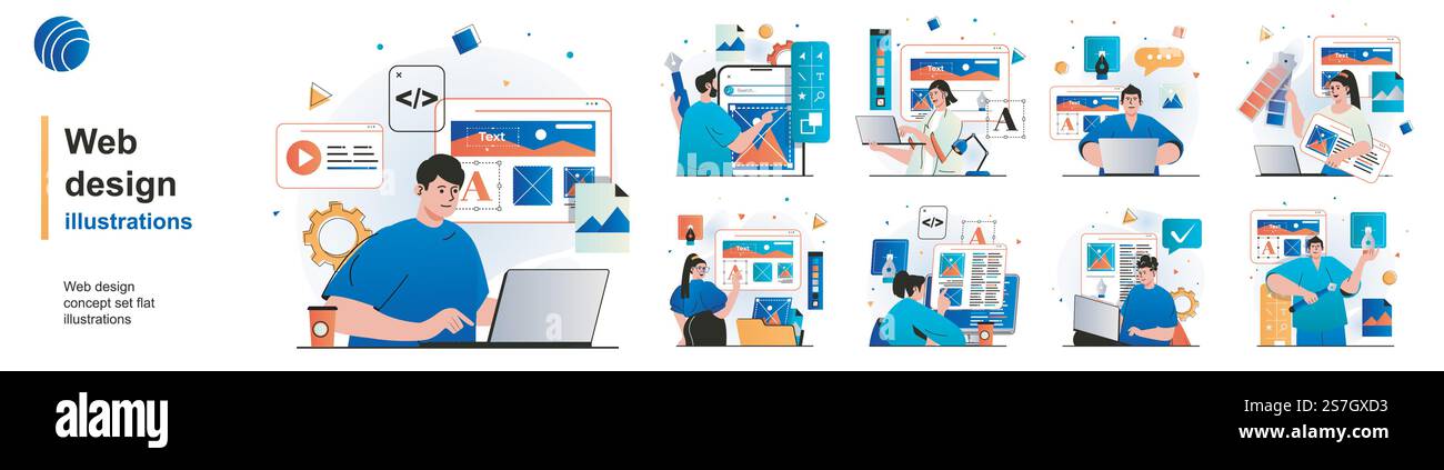 Web design isolated set. Designers create website layout, place ...