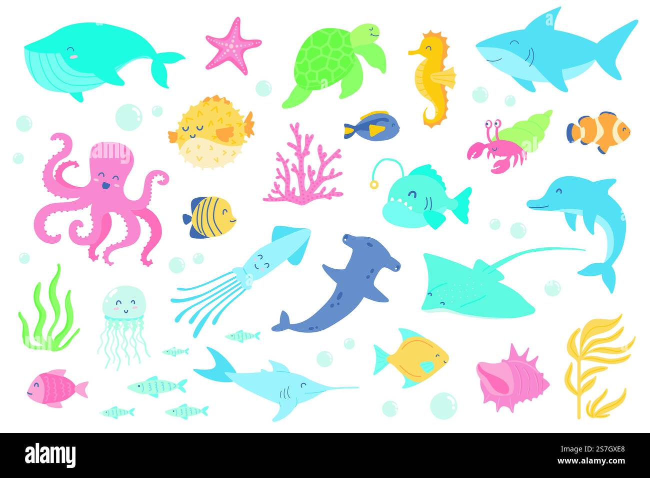 Underwater animal and fishes isolated objects set. Collection of whale ... Underwater animal and fishes isolated objects set. Collection of whale ...