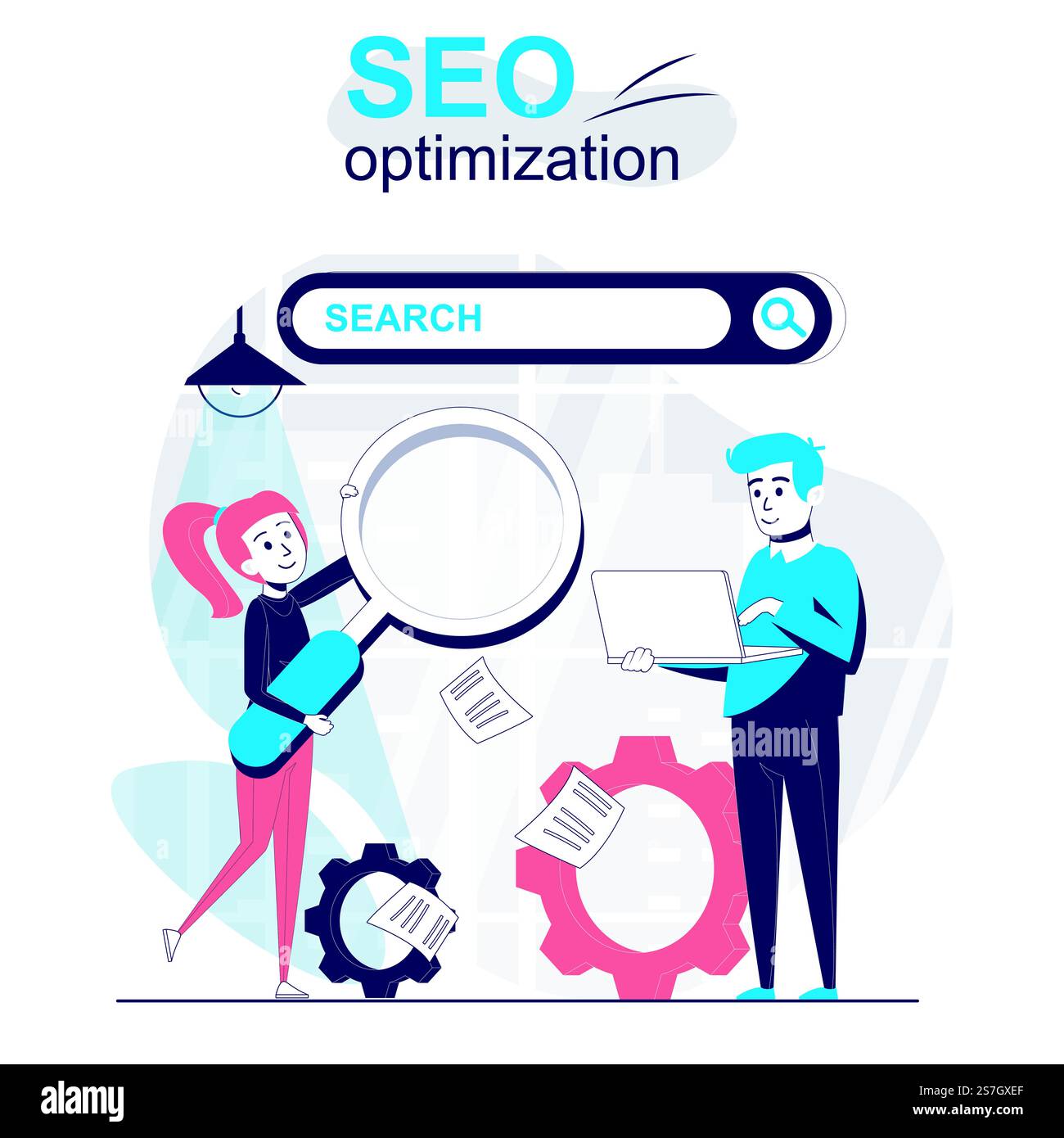 Seo optimization isolated cartoon concept. Team of employees setting up search engine, people ...