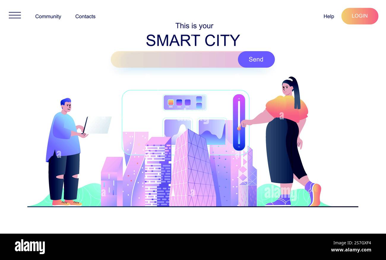 Smart city web concept for landing page. Man and woman use dashboard to ...