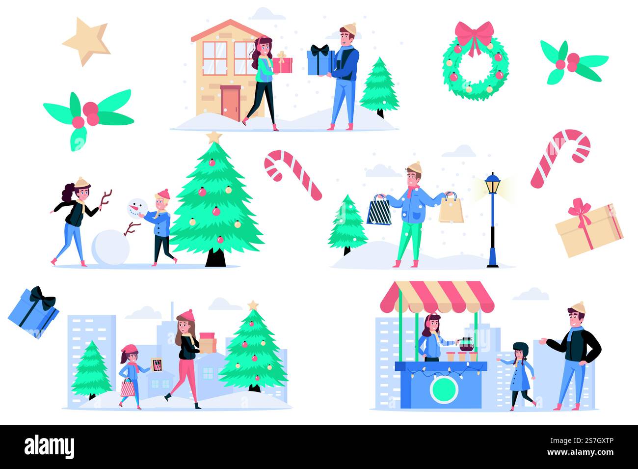 Christmas celebrate isolated elements set. Bundle of people buy and ...