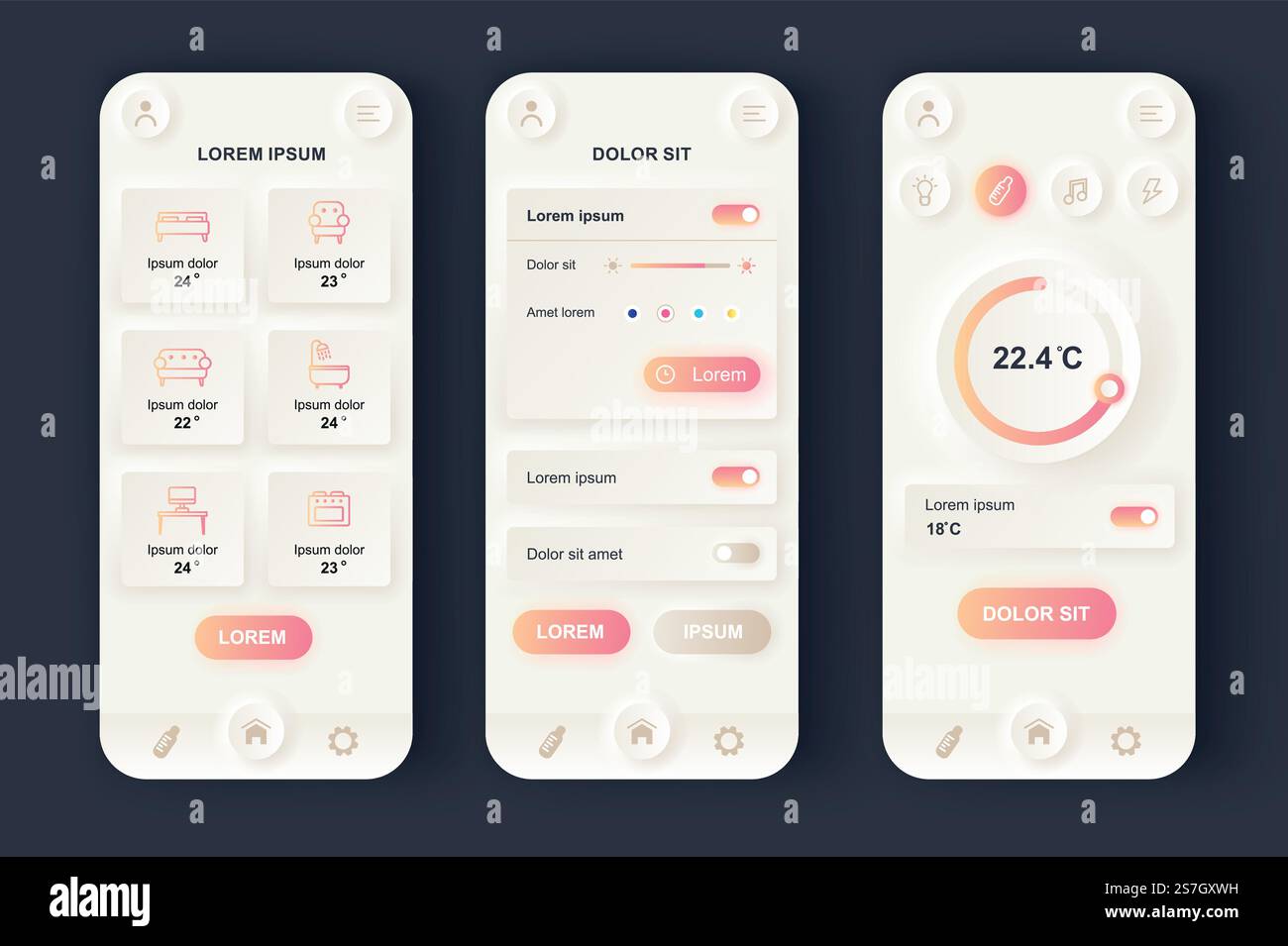 Smart Home unique neomorphic design kit. Online remote home control, monitoring and management ...
