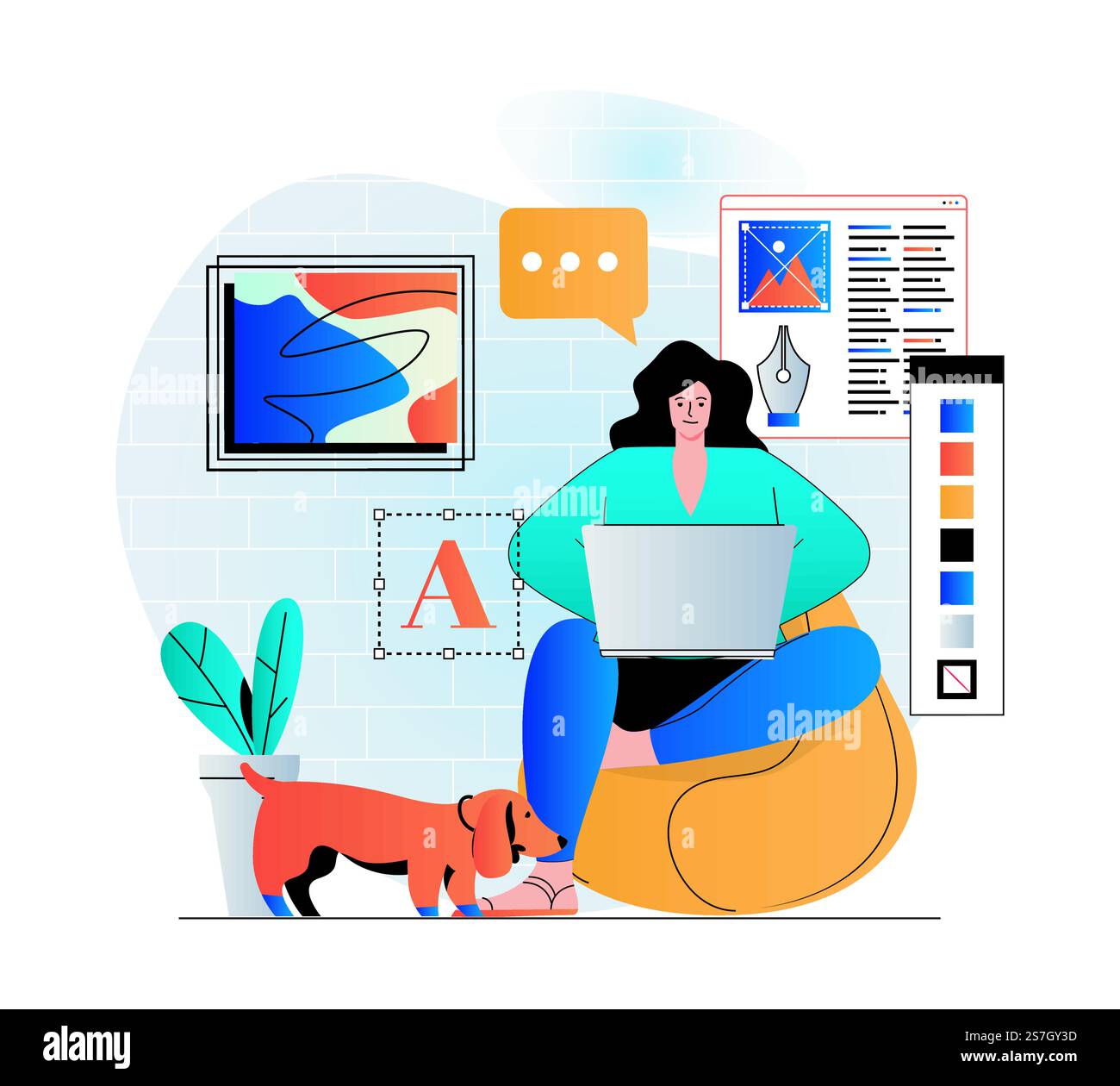 Freelance working concept in modern flat design. Woman designer is ...