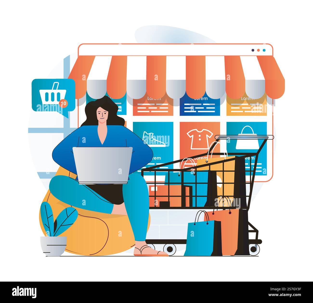 Online shopping concept in modern flat design. Woman chooses clothes ...