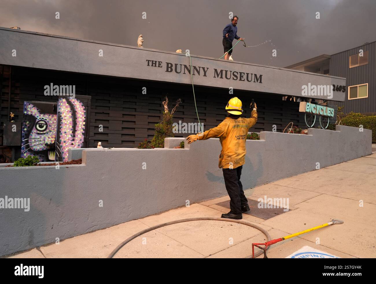 Steve Lubanski, top, co-owner of the Bunny Museum, tries to put out a ...