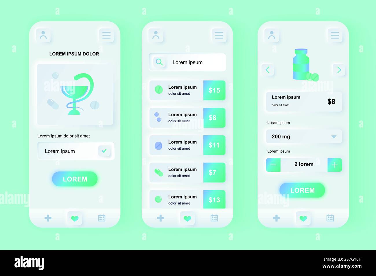 Online medicine unique neomorphic design kit. Pharmacy app with medical ...