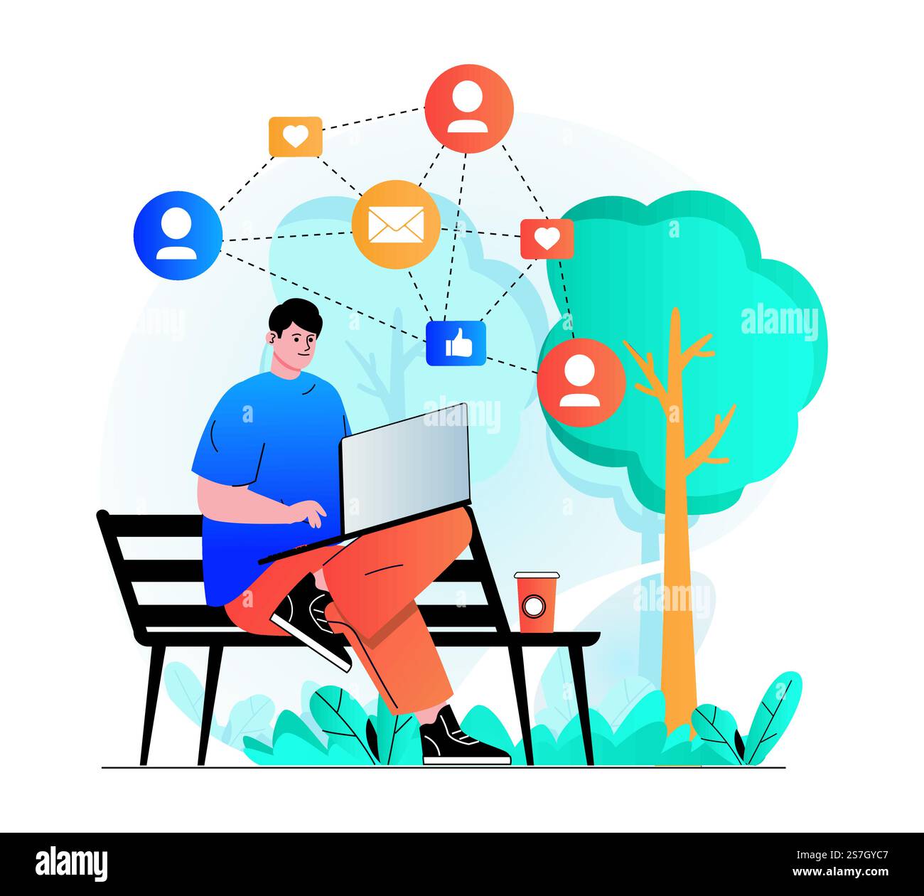 Social network concept in modern flat design. Man sends messages to ...