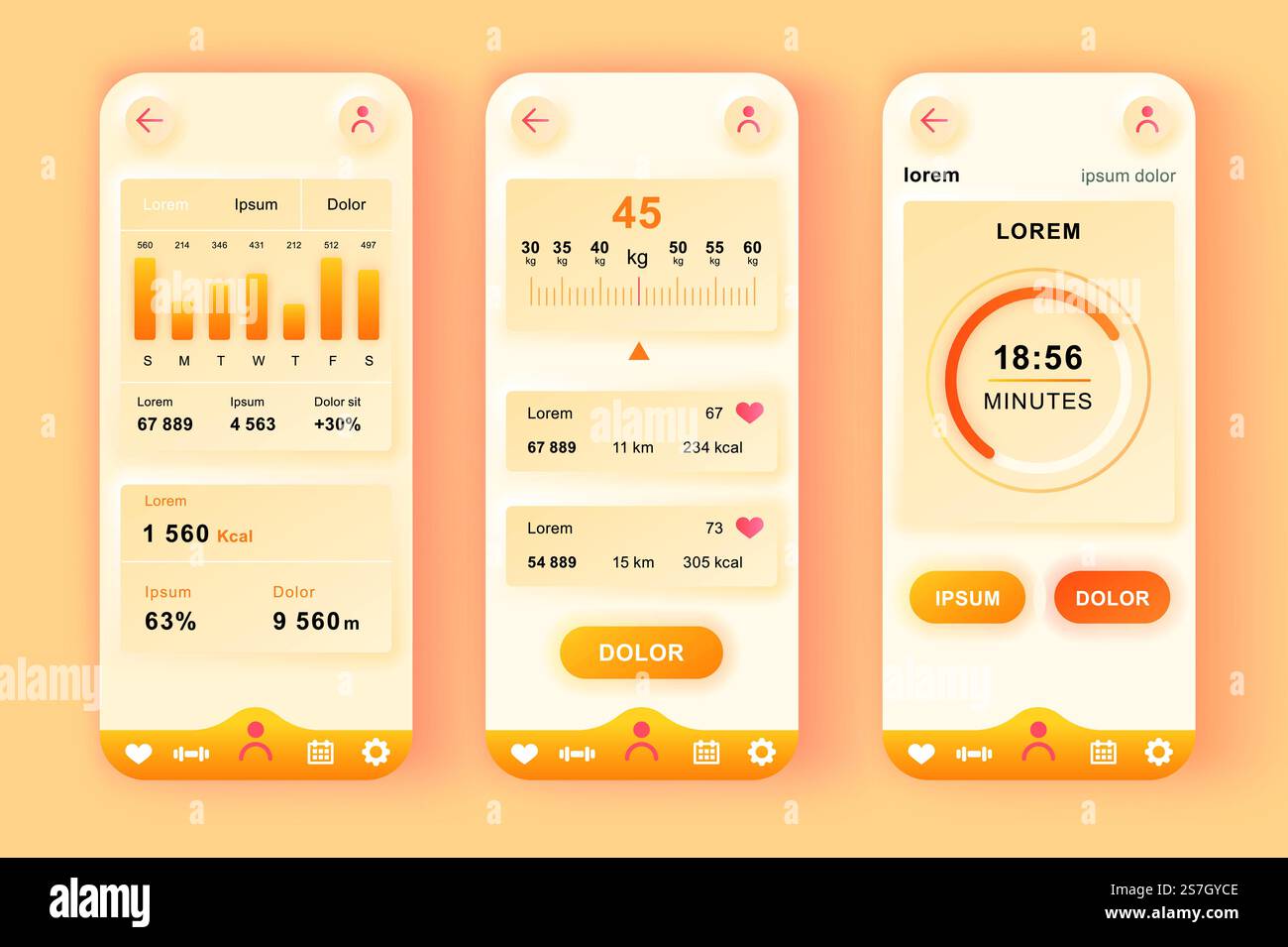 Fitness workout unique neomorphic design kit. Personal trainer app with ...