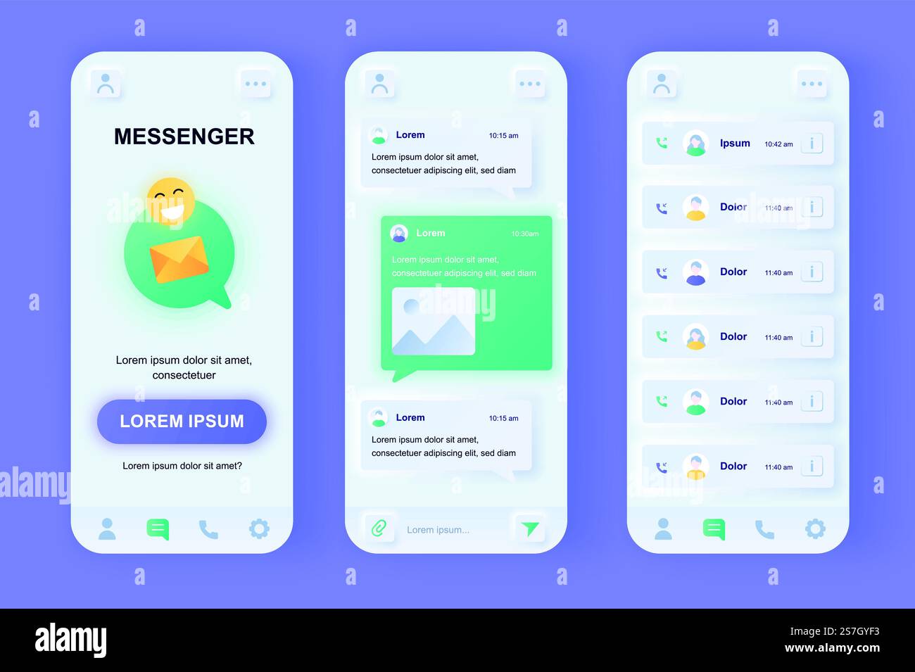 Online messenger unique neomorphic design kit. Social network messenger communication service ...