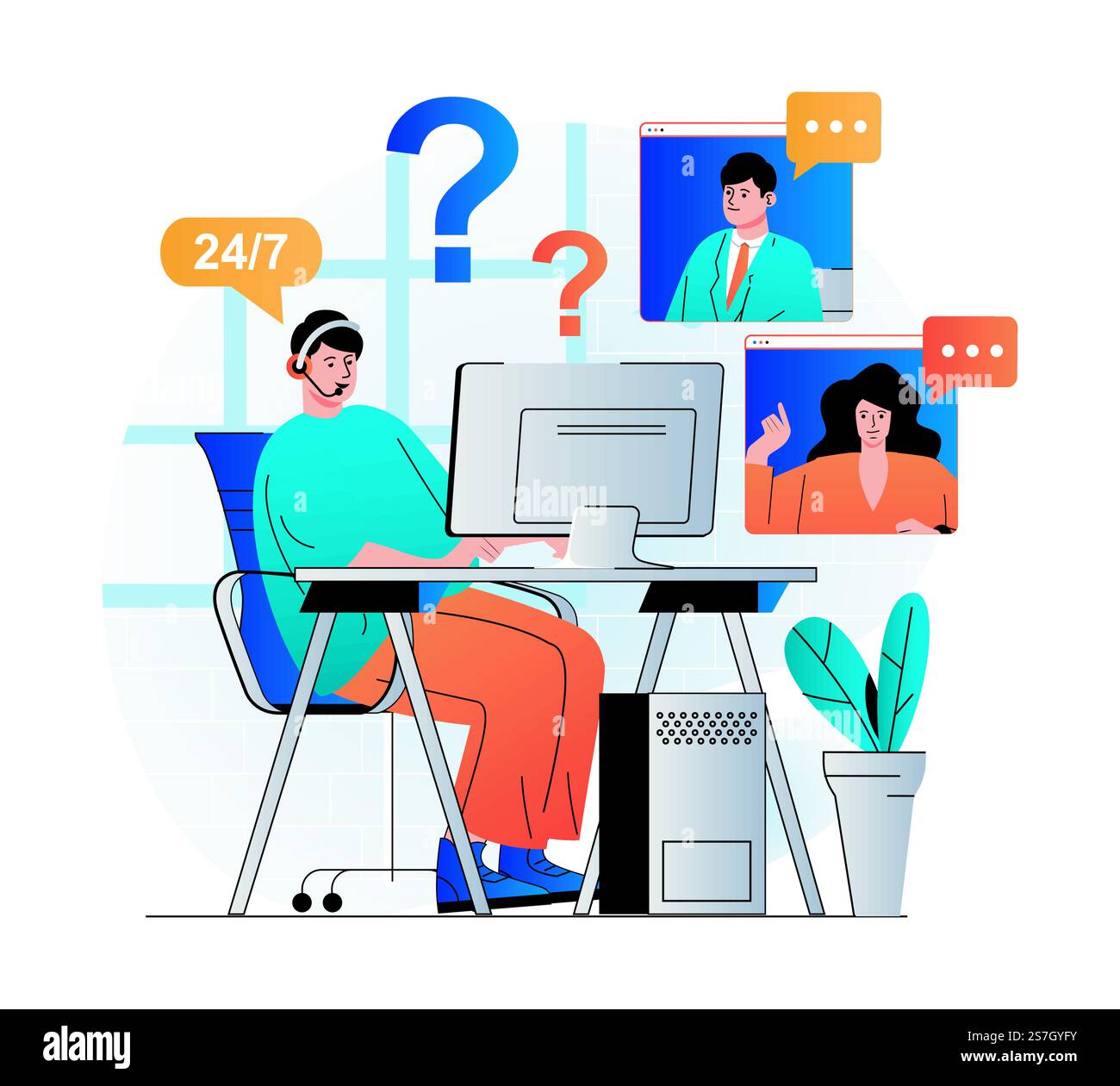 Virtual assistant concept in modern flat design. Man operator with ...