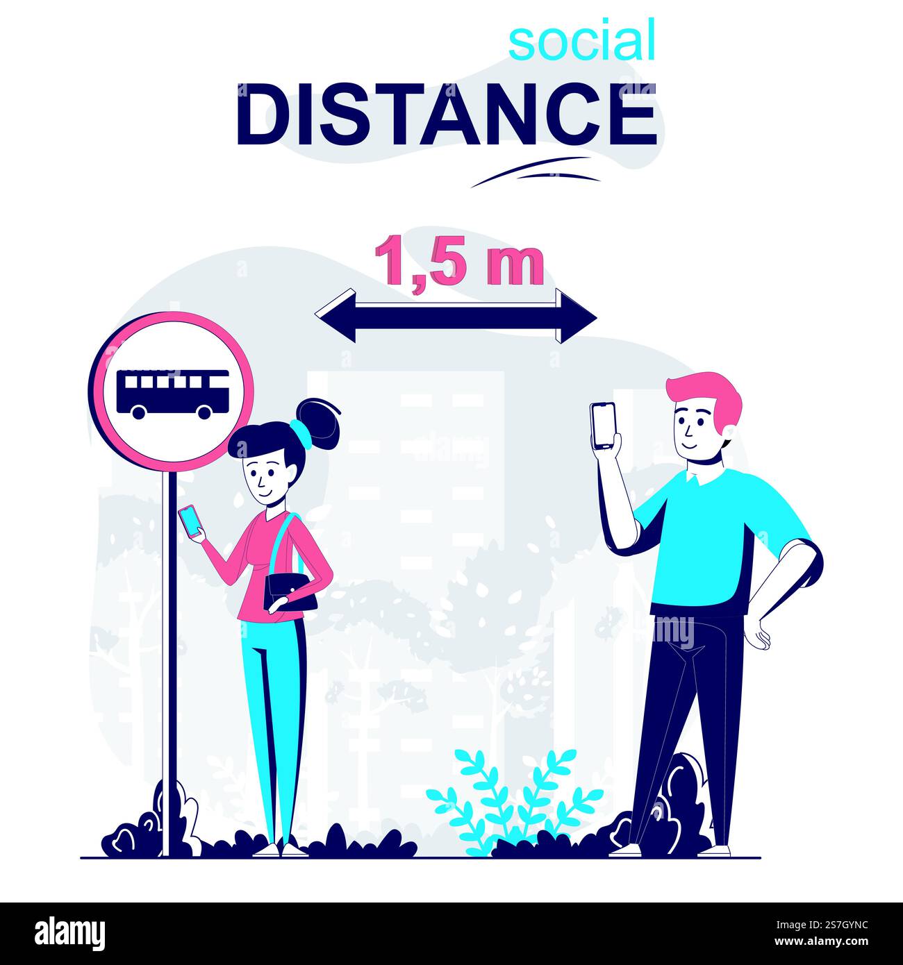 Social distance isolated cartoon concept. Man and woman distancing at ...