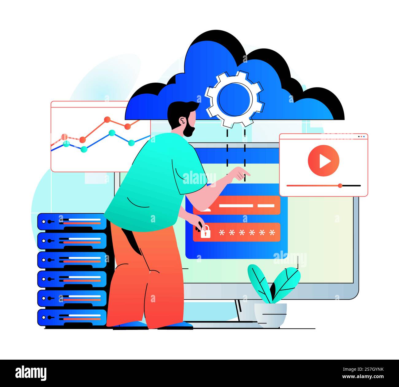 Cloud Computing Concept In Modern Flat Design Man User Gains Access To Cloud Storage And