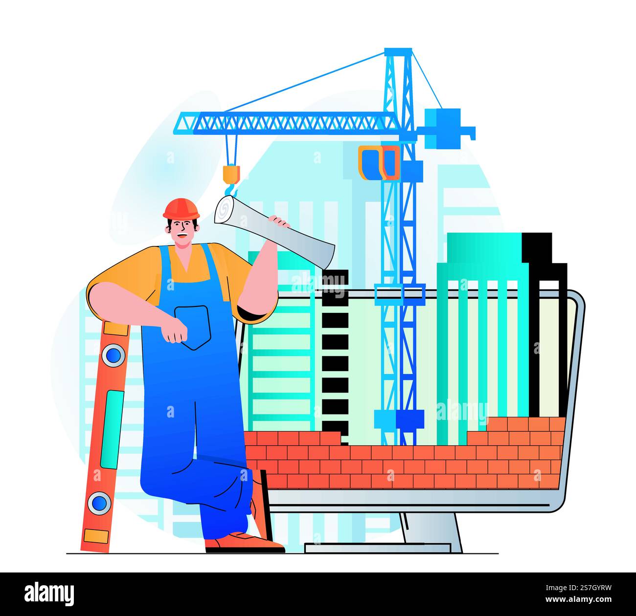 Construction engineer concept in modern flat design. Builder holds ...
