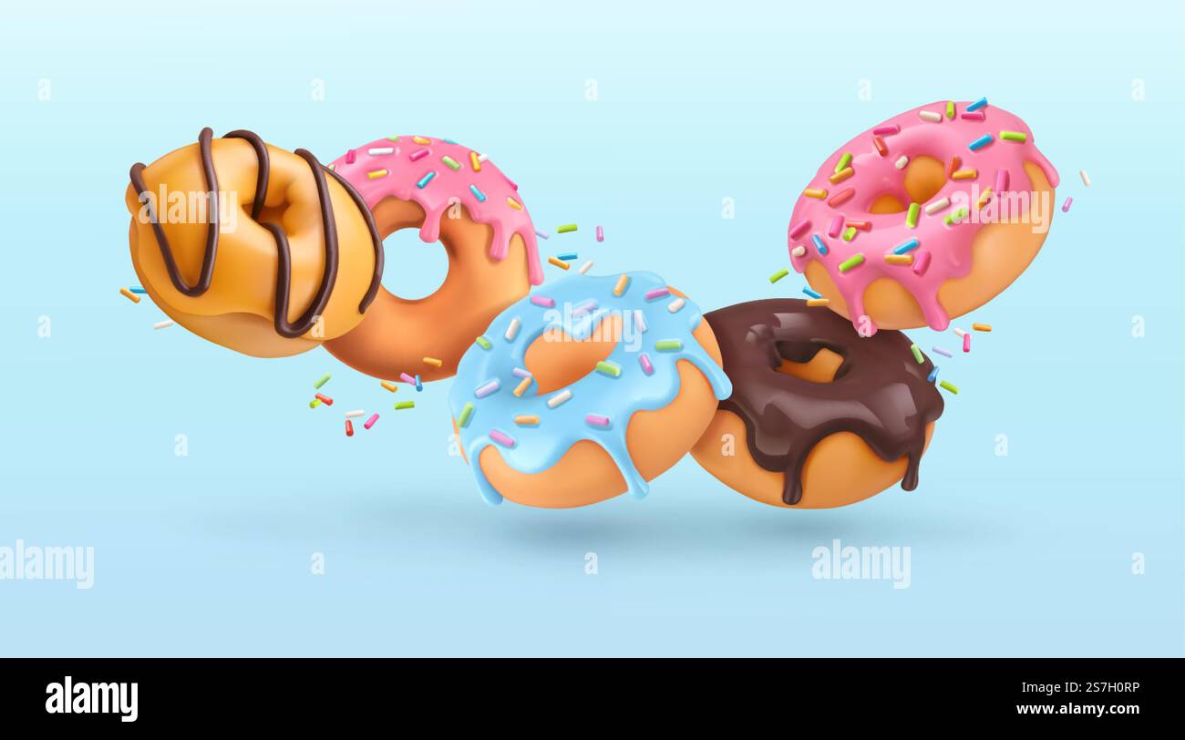 Falling glazed donuts with sprinkles. 3d realistic vector background ...
