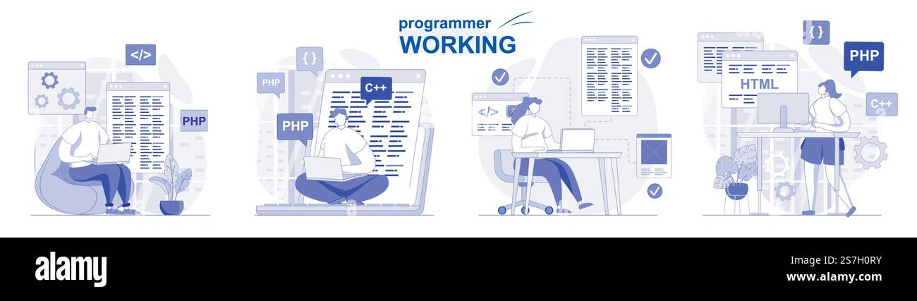 Programmer working isolated set in flat design people coding hi-res stock photography and images ...