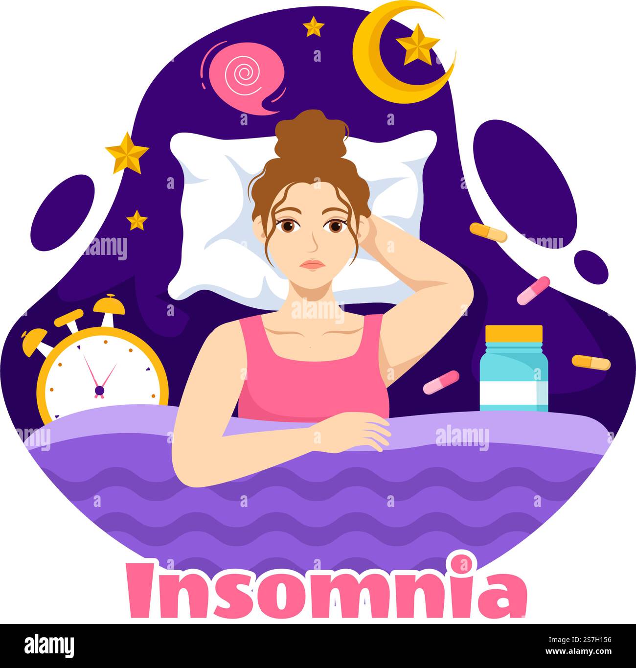 Insomnia Vector Illustration with Young People Unable to Sleep ...
