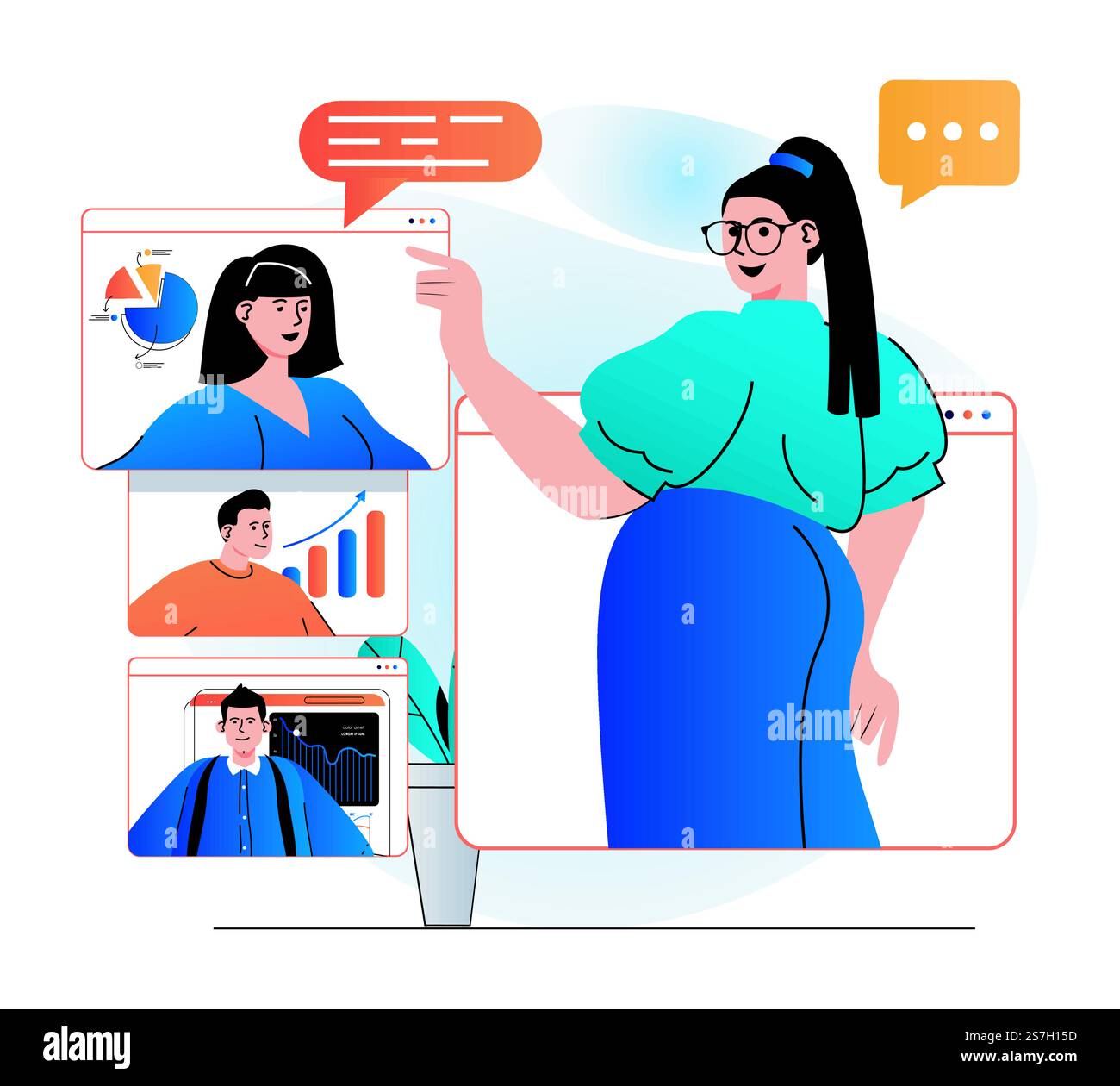 Video conference concept in modern flat design. Woman listens to ...