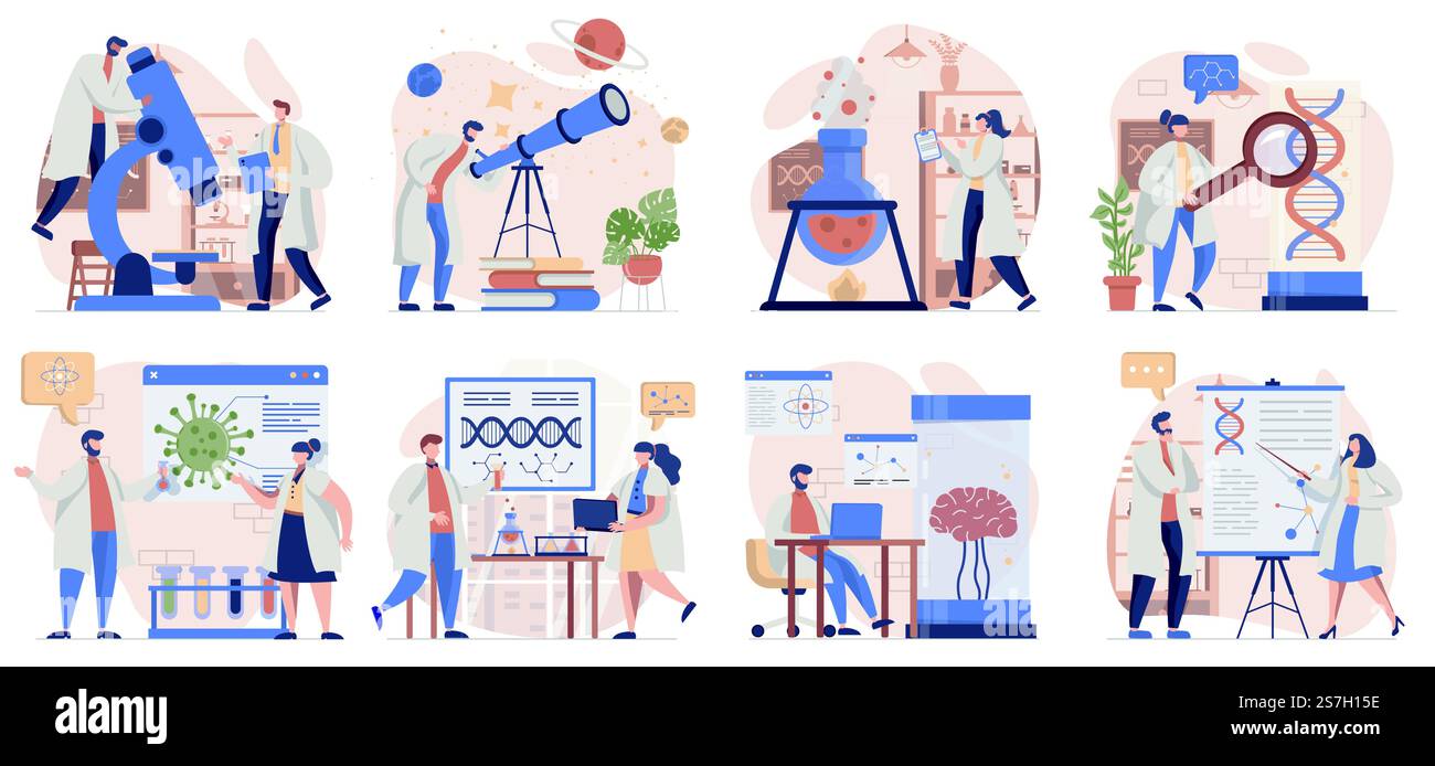 Science research collection of scenes isolated. People conduct tests ...