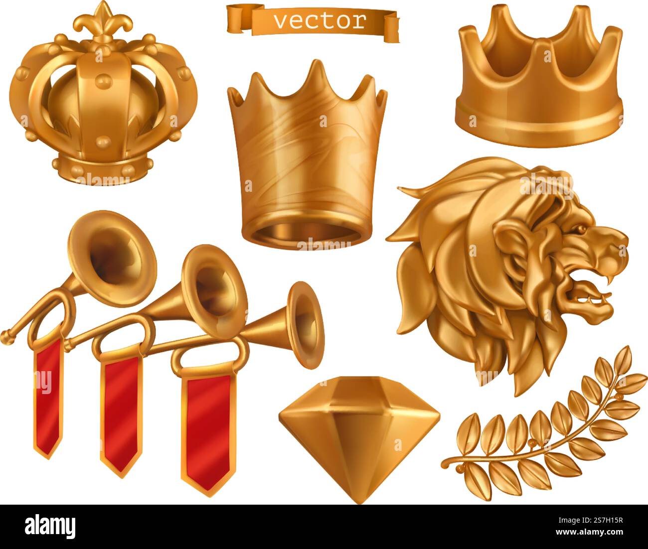 Gold crown of the king. Laurel wreath, fanfare, lion. 3d vector ...