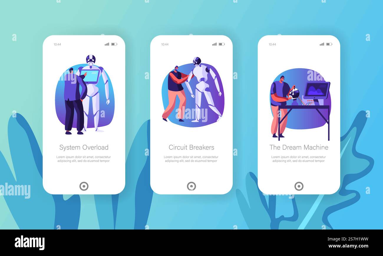 Artificial Intelligence Technology Mobile App Page Onboard Screen Set, Engineers Making Robot in ...