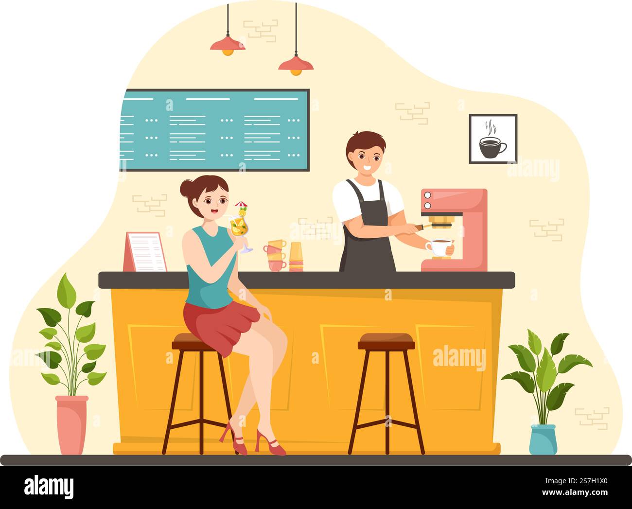 Cafe Vector Illustration of Interior with Bar stand, Table and ...