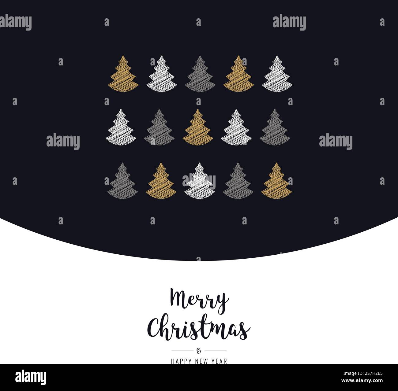 christmas trees scribble drawing greeting black gold background Stock ...