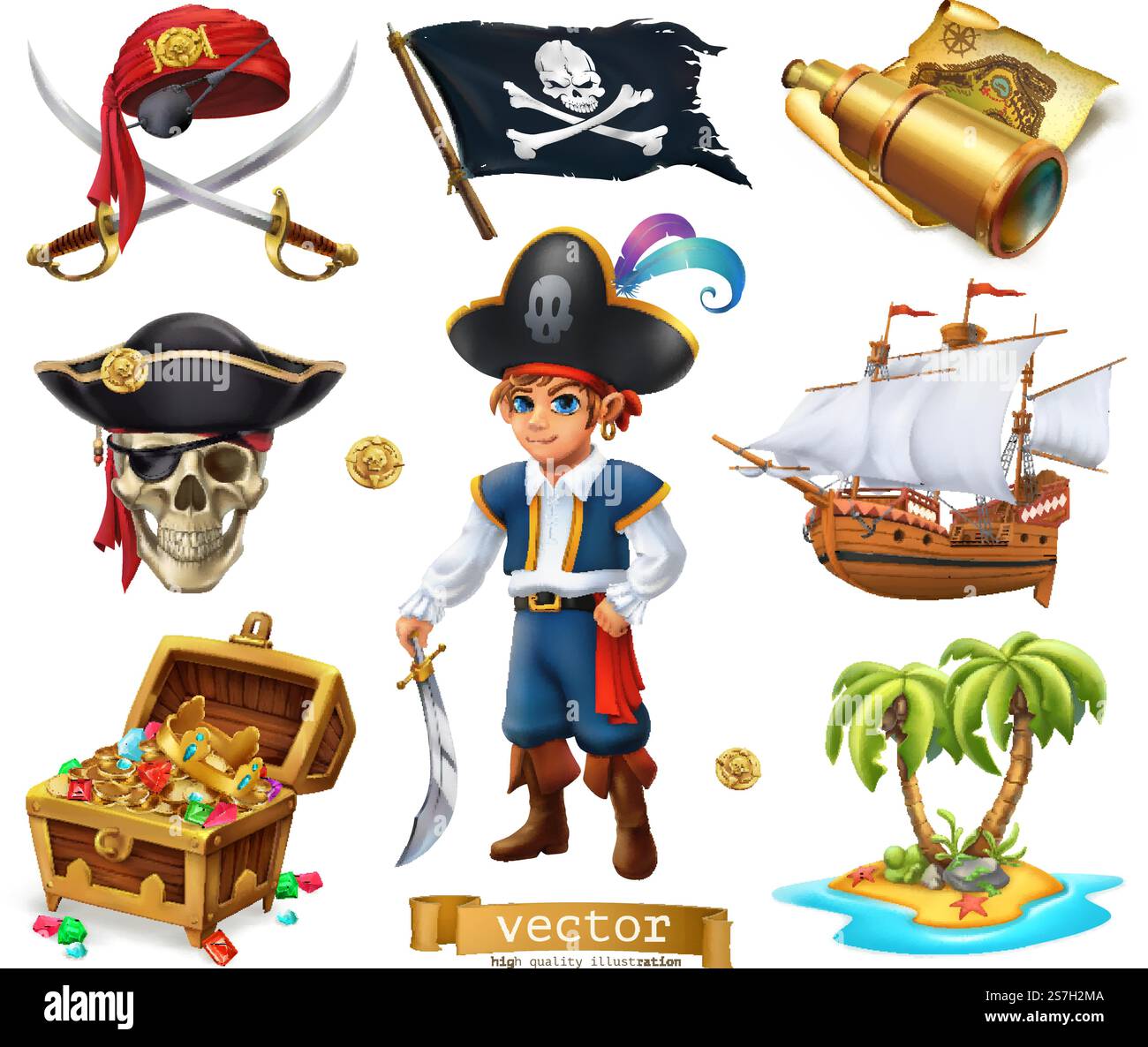 Pirates set. Boy, treasure chest, map, flag, ship, island. 3d cartoon ...