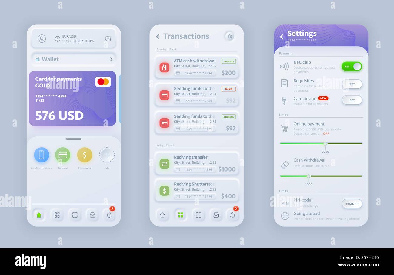 Online banking neomorphic interface vector design for responsive mobile application or website ...