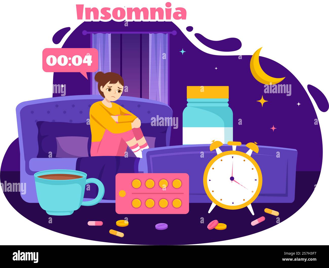 Insomnia Vector Illustration with Young People Unable to Sleep ...