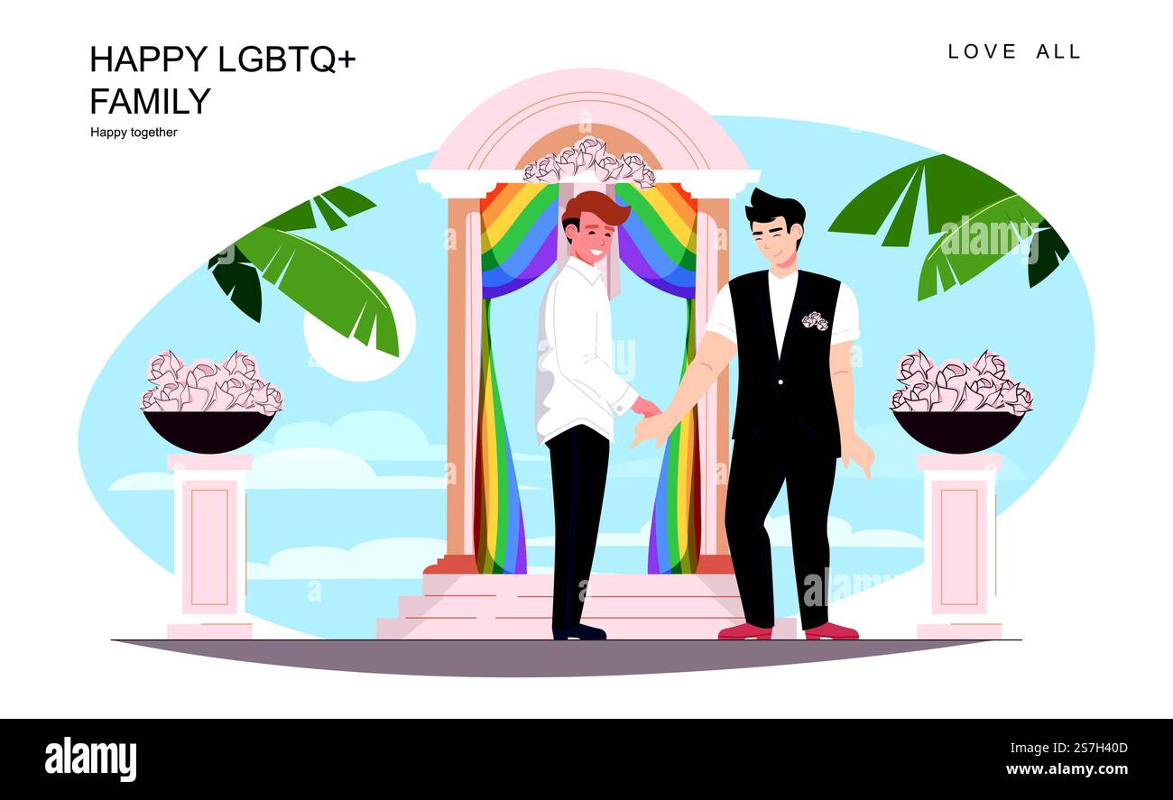 Happy LGBT family concept. Loving men get married in wedding suits at ...