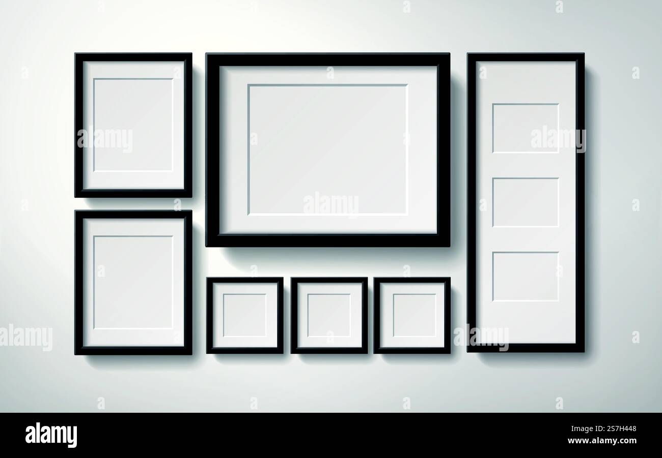 Realistic blank picture frames collection hanging on the wall in ...
