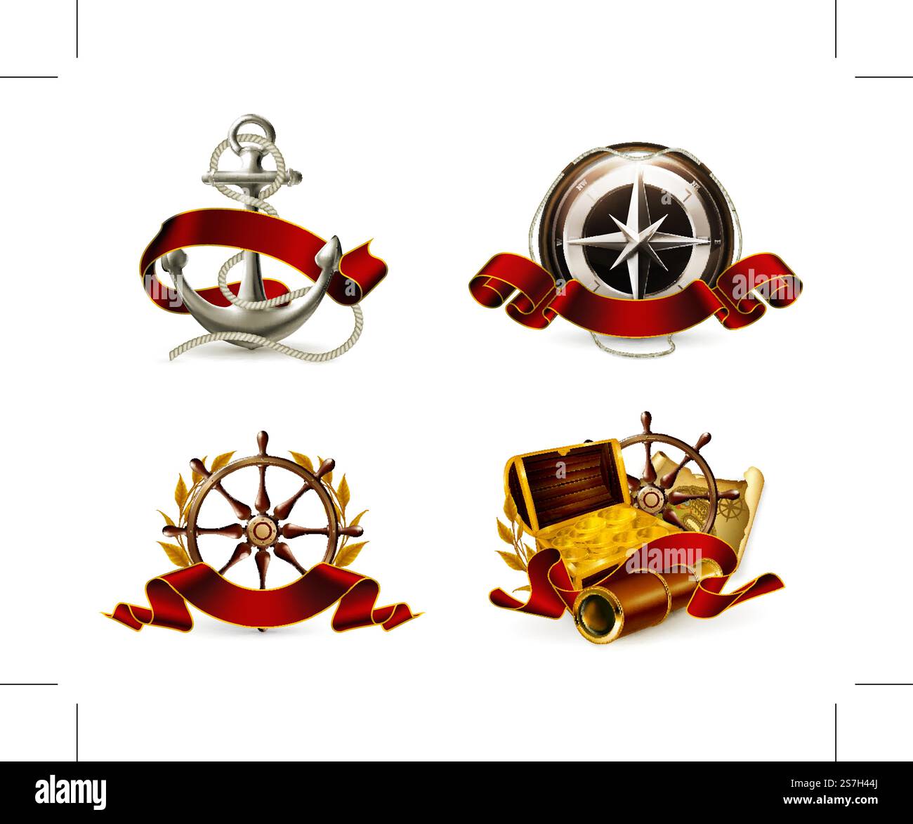Anchor, traesure map, compass, wind rose, money chest, marine emblems ...