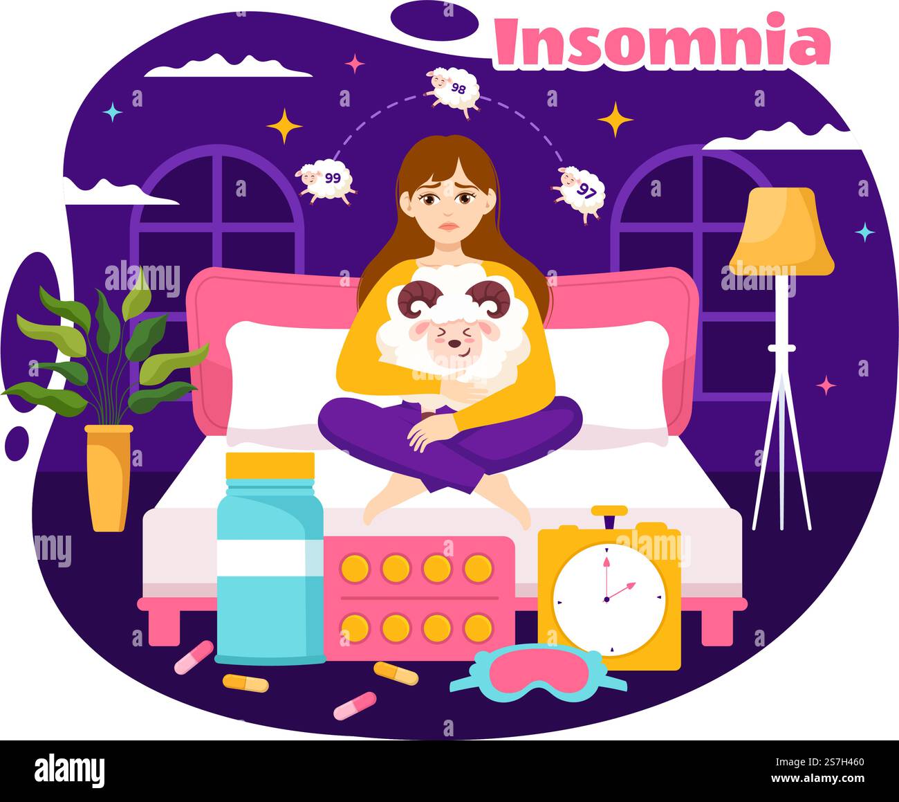 Insomnia Vector Illustration with Young People Unable to Sleep ...