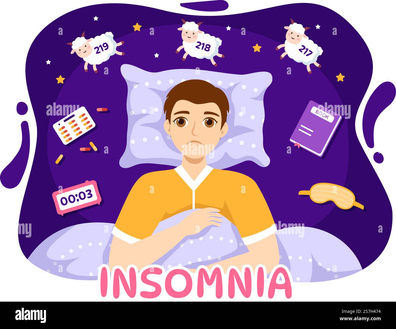 Insomnia Vector Illustration with Young People Unable to Sleep ...
