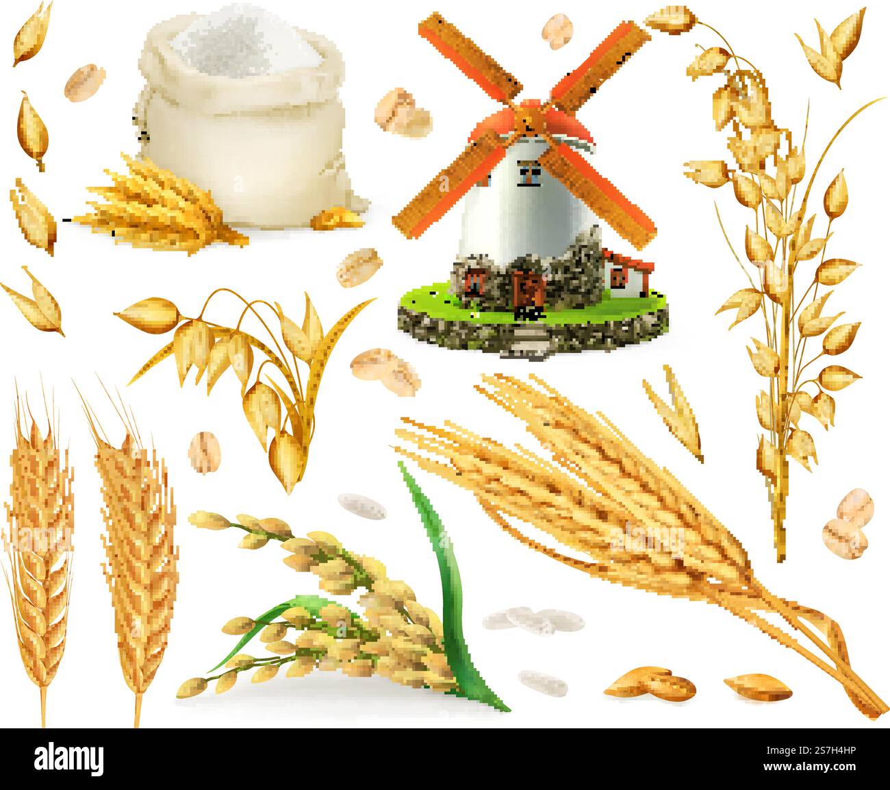 Wheat, rice, oats, barley, flour, mill, grain. 3d realistic vector icon ...