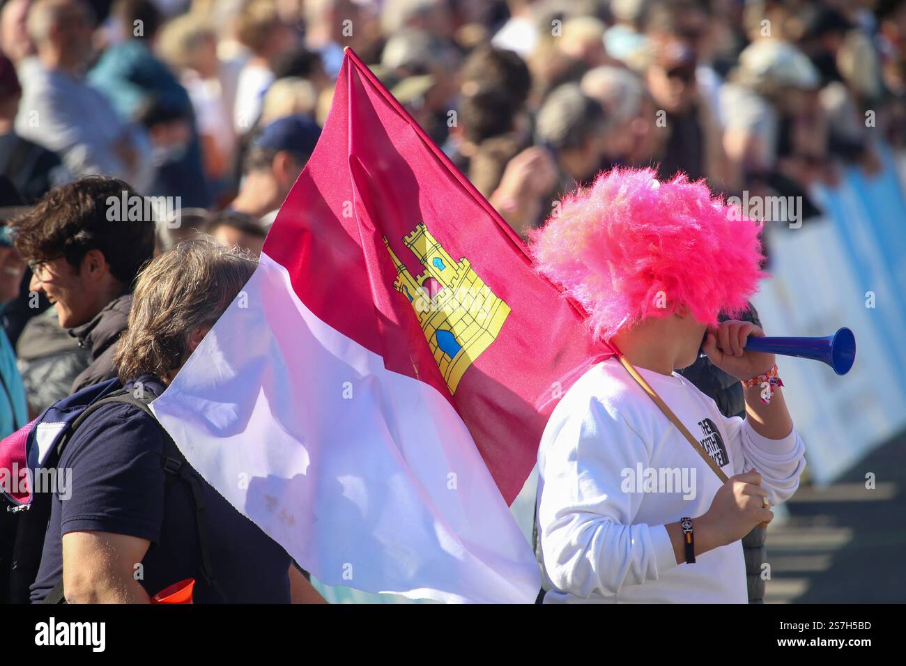Benidorm, Spain, 19th January, 2025: A fan with a Castilla La Mancha ...