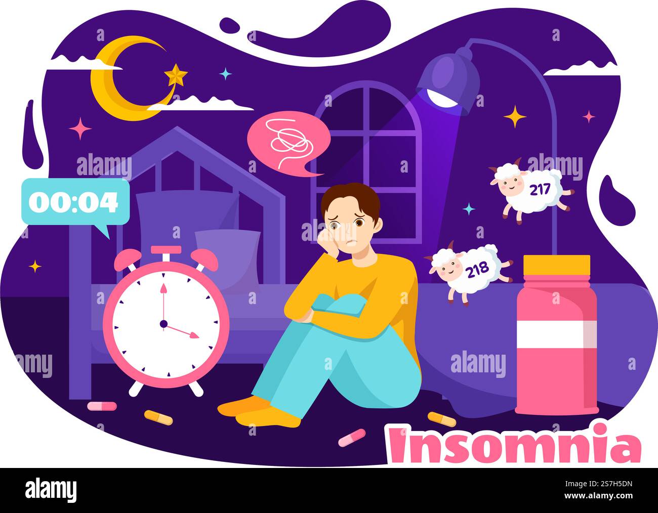Insomnia Vector Illustration with Young People Unable to Sleep ...