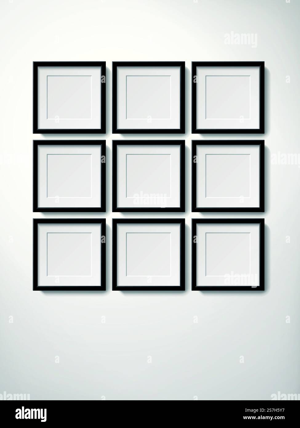 Blank picture frames collection hanging on the wall in orderly way, 3d ...