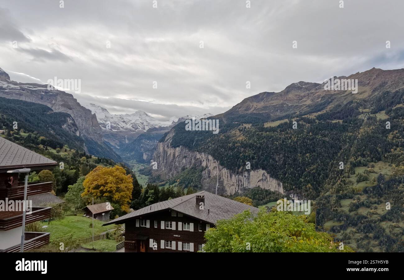 Wengen, Switzerland in the fall with fall foliage and views of the alps ...
