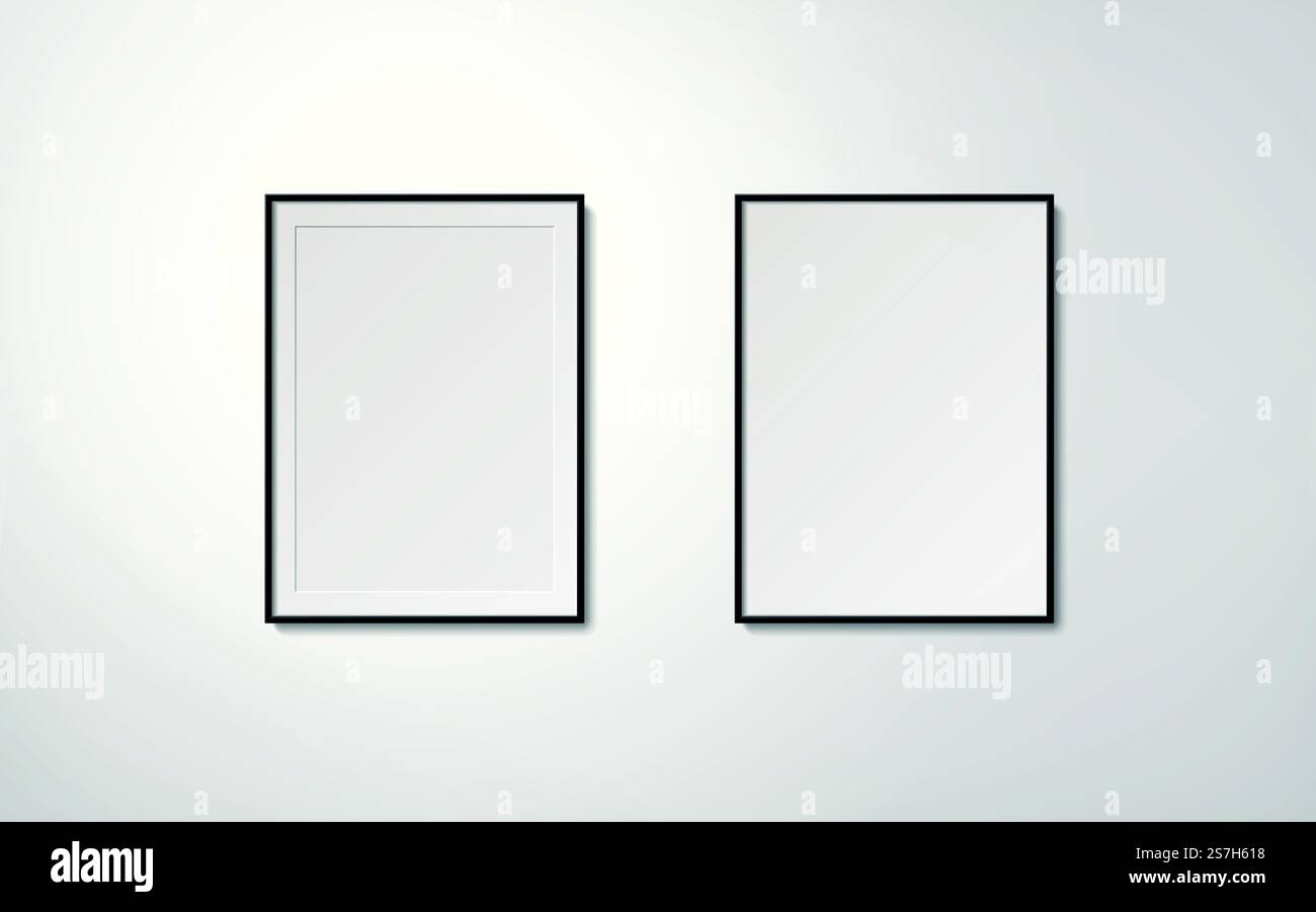 Blank picture frames collection hanging on the wall in orderly way, 3d ...