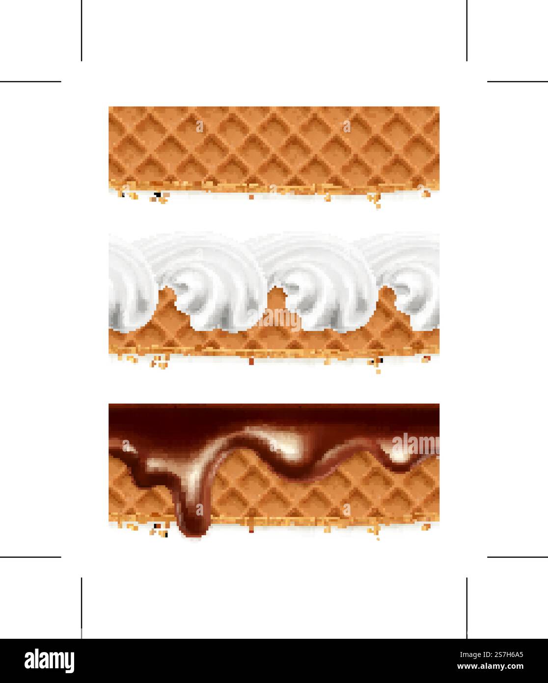 Waffles, chocolate, whipped cream, vector seamless horizontal patterns ...