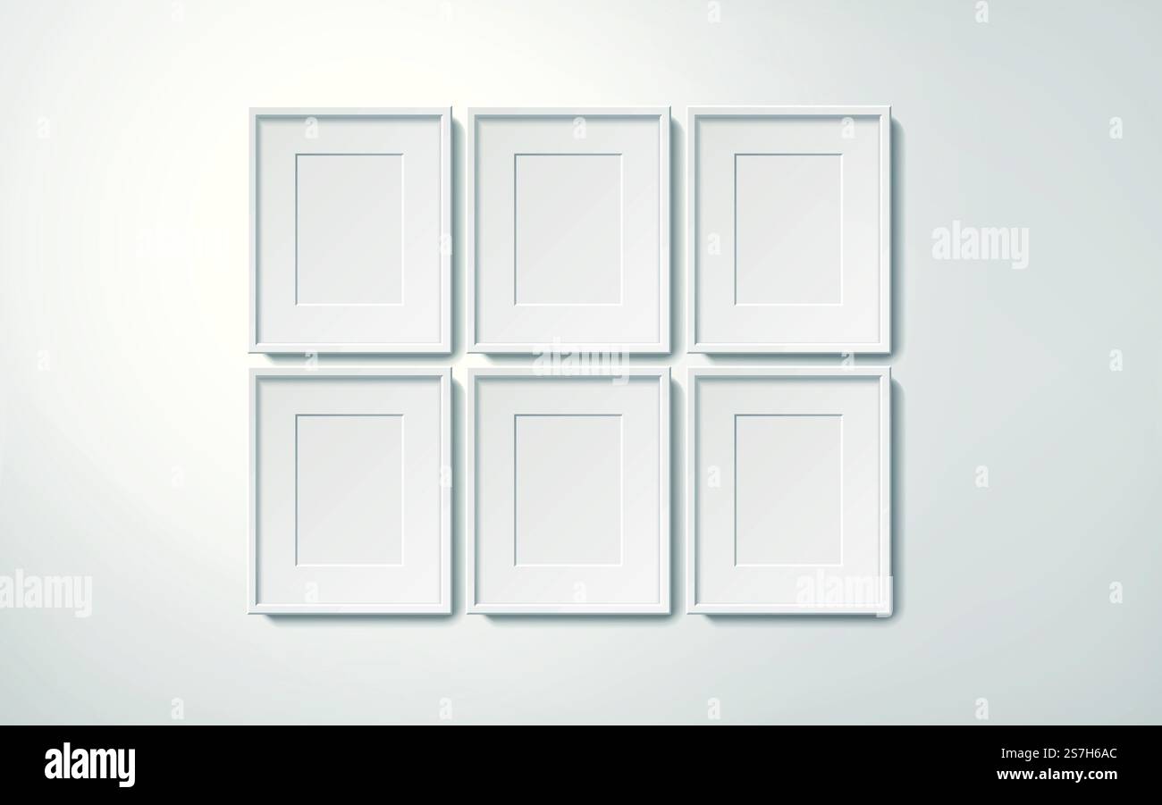 Blank white picture frames collection in an orderly way hanging on the ...