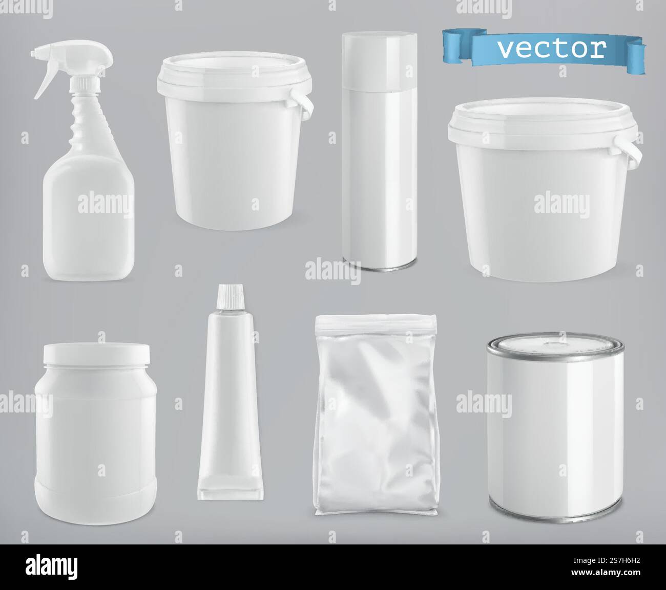 Packaging building and sanitary. White plastic, metal and paper pack ...