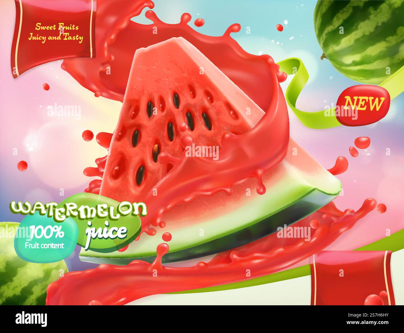 Watermelon juice. Sweet fruits. 3d realistic vector, package design ...