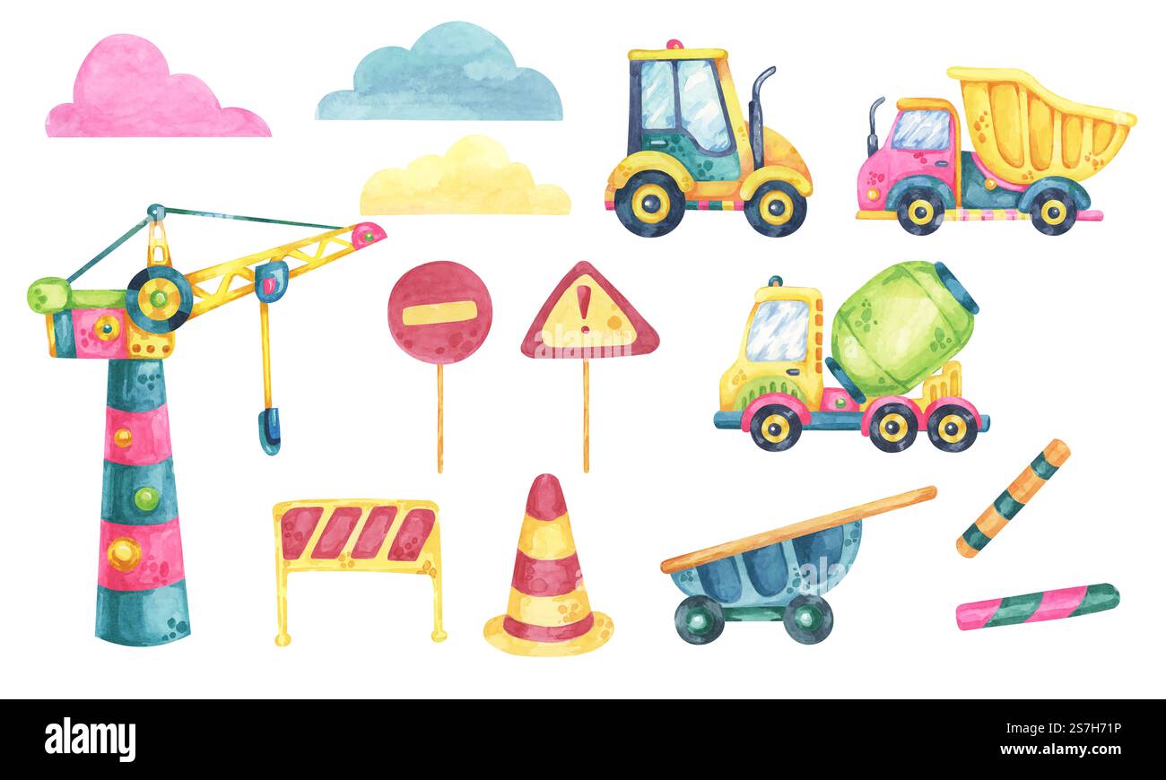 Colorful construction vehicles, clouds and road signs. Watercolor ...